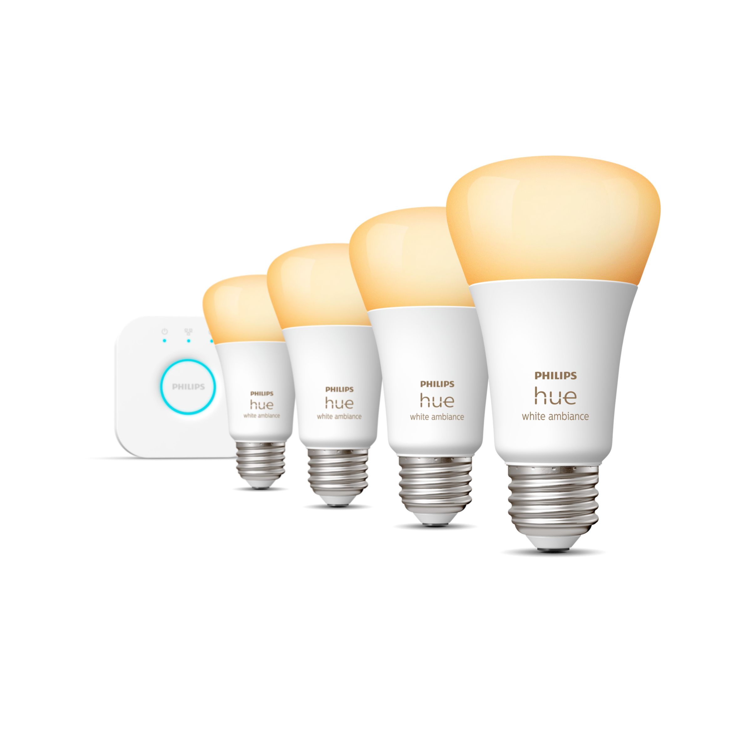 Kit básico de Hue: paquete de 4 focos LED E26 White Ambiance + Hue ...